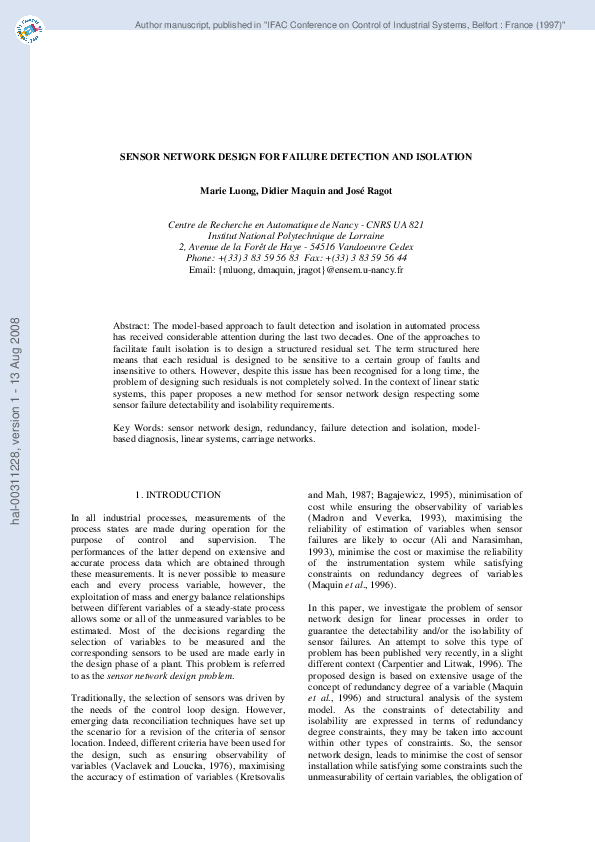 (PDF) Sensor network design for failure detection and isolation