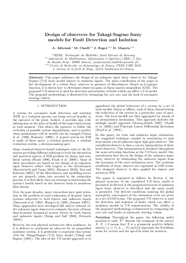 (PDF) Design of observers for Takagi-Sugeno fuzzy models for Fault Detection and Isolation