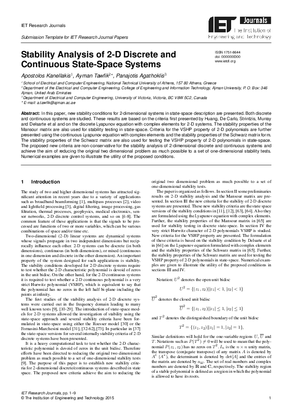 (PDF) Stability analysis of 2‐D discrete and continuous state‐space systems