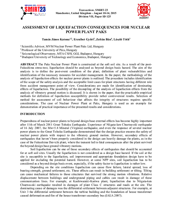 (PDF) Assessment of Liquefaction Consequences for Nuclear Power Plant Paks | Erzsébet Győri ...