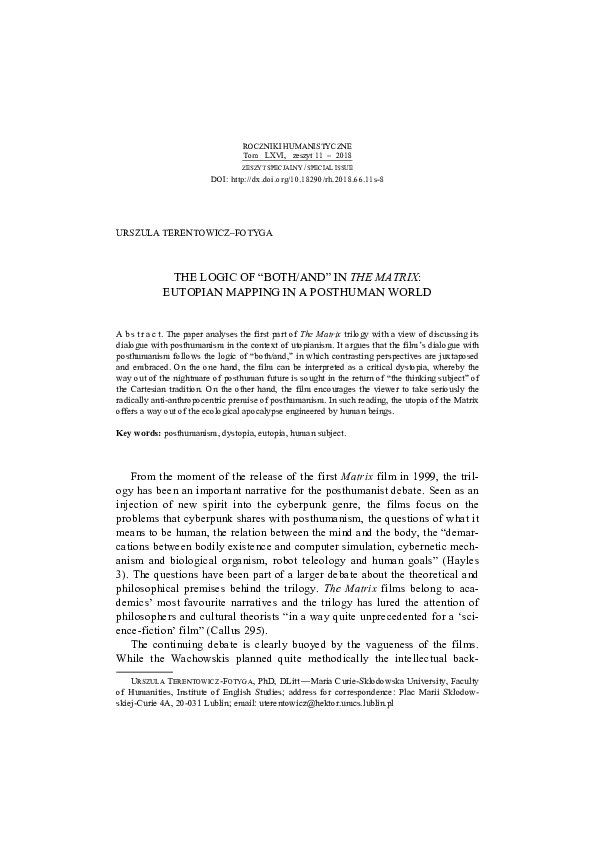 (PDF) The Logic of “Both/And” in The Matrix: Eutopian Mapping in a ...