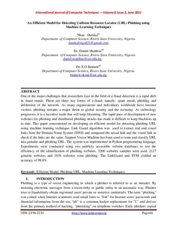 Pdf An Efficient Model For Detecting Uniform Resource Locator Url Phishing Using Machine