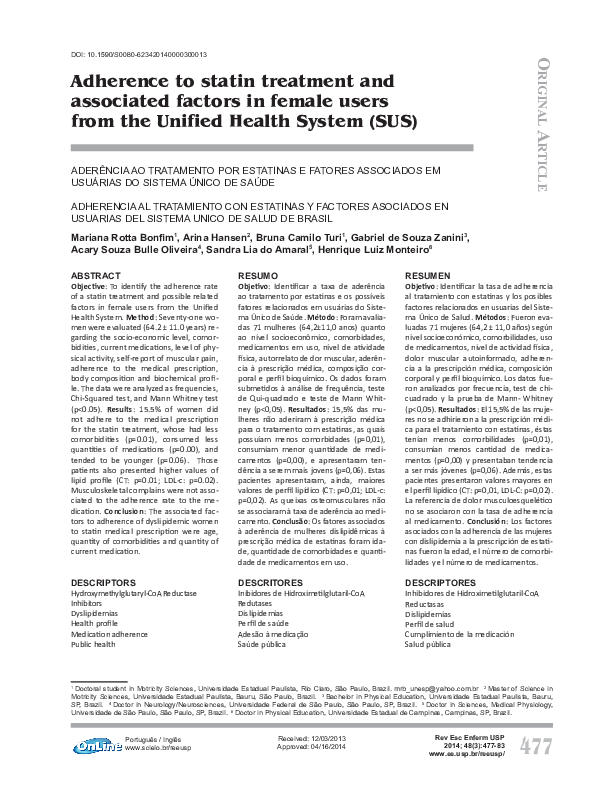 (PDF) Adherence to statin treatment and associated factors in female ...