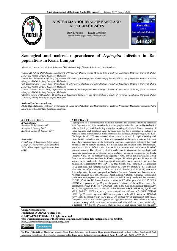 (PDF) Serological and molecular prevalence of Leptospira infection in ...