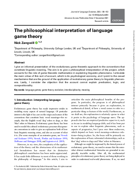 (PDF) The philosophical interpretation of language game theory