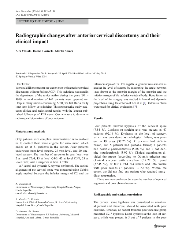 (PDF) Radiographic changes after anterior cervical discectomy and their ...