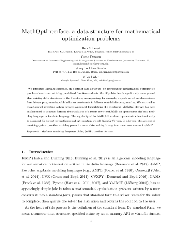 (PDF) MathOptInterface: A Data Structure for Mathematical Optimization Problems