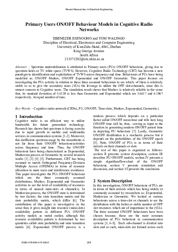 (PDF) Primary user ON-OFF Model in Cognitive Radio Network