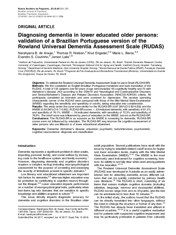 (PDF) Diagnosing dementia in lower educated older persons: validation ...