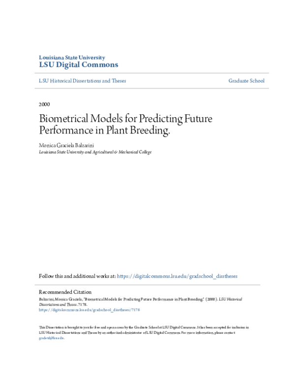 (PDF) Biometrical Models for Predicting Future Performance in Plant ...