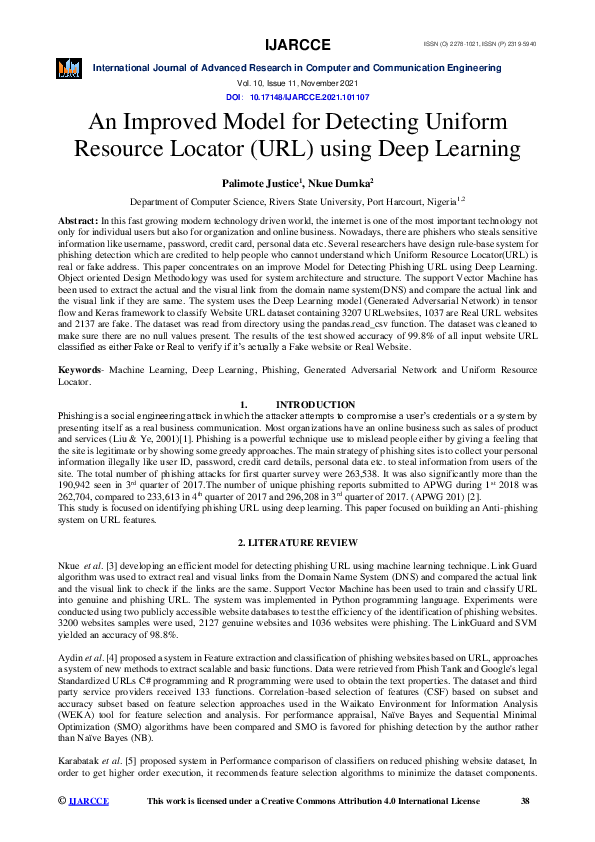 Pdf An Improved Model For Detecting Uniform Resource Locator Url Using Deep Learning