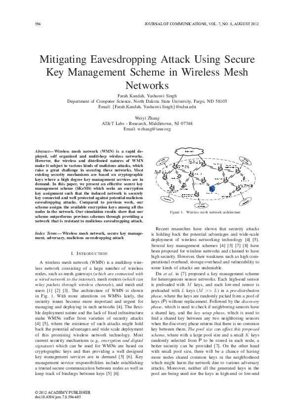 Pdf Mitigating Eavesdropping Attack Using Secure Key Management Scheme In Wireless Mesh Networks