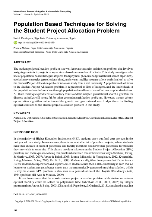 (PDF) Population Based Techniques for Solving the Student Project ...