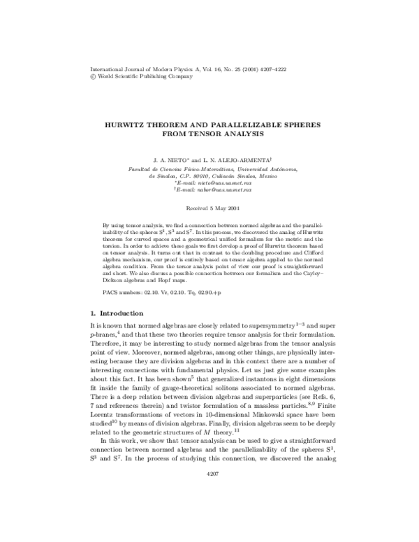(PDF) Hurwitz theorem and parallelizable spheres from tensor analysis