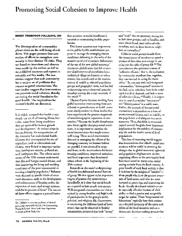 (PDF) Promoting social cohesion to improve health | Mindy Fullilove ...