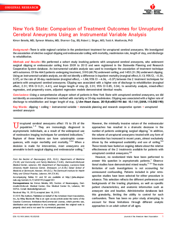 (PDF) New York State: Comparison of Treatment Outcomes for Unruptured Cerebral Aneurysms Using ...