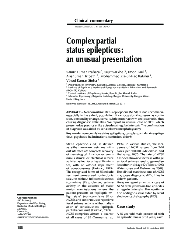 (PDF) Complex partial status epilepticus: an unusual presentation ...