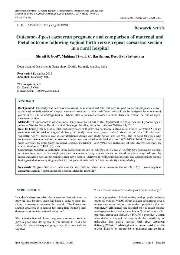 Pdf Outcome Of Post Caesarean Pregnancy And Comparison Of Maternal