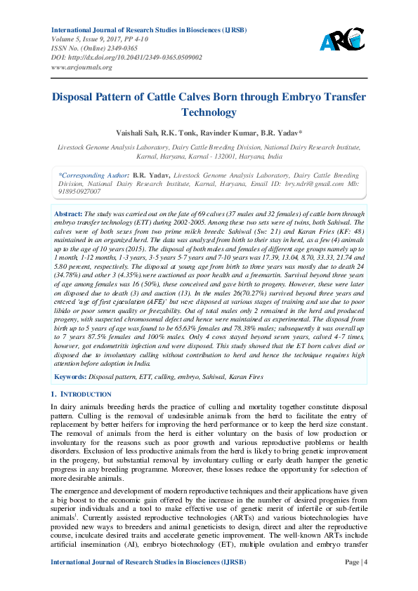 (PDF) Disposal Pattern of Cattle Calves Born through Embryo Transfer ...