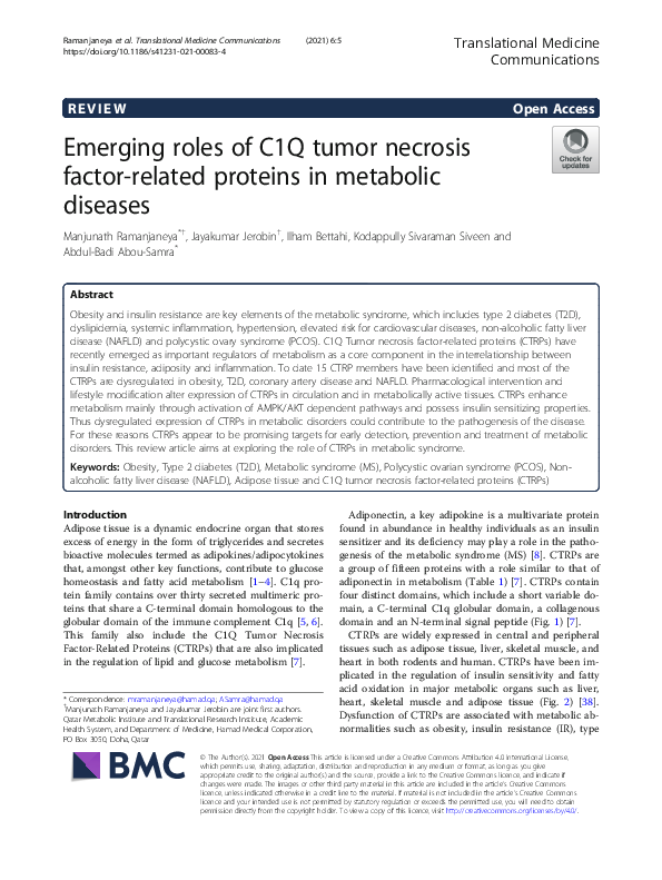 (PDF) Emerging roles of C1Q tumor necrosis factor-related proteins in metabolic diseases