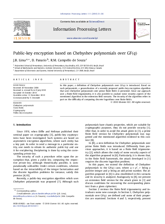 (PDF) Public-key encryption based on Chebyshev polynomials over GF(q)