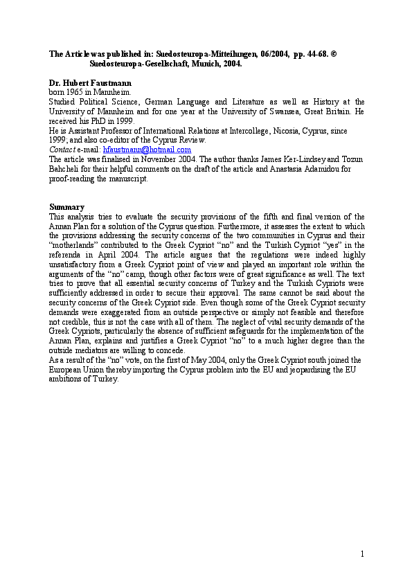 (DOC) Cyprus: Security Concerns and the Failure of the Annan Plan