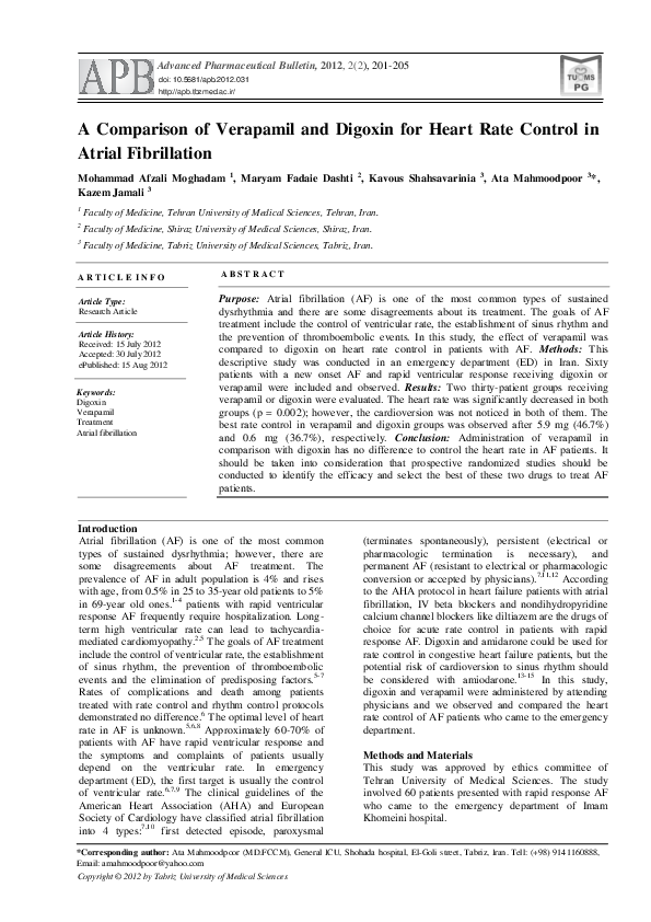 (PDF) A comparison of verapamil and digoxin for heart rate control in ...