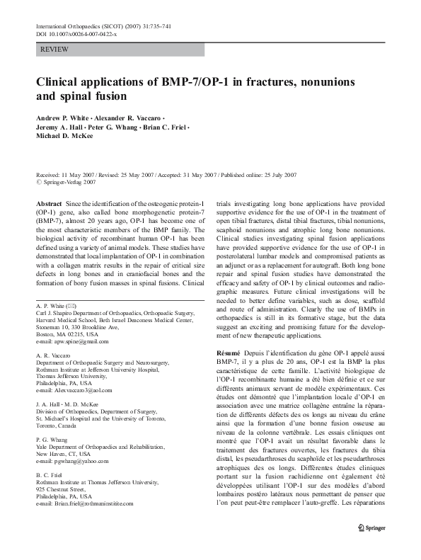 (PDF) Clinical applications of BMP-7/OP-1 in fractures, nonunions and ...