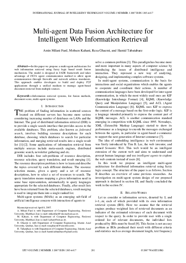 Pdf Multi Agent Data Fusion Architecture For Intelligent Web Information Retrieval M Kahani 