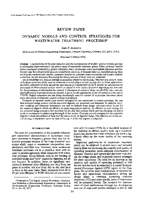 (PDF) Dynamic models and control strategies for wastewater treatment ...