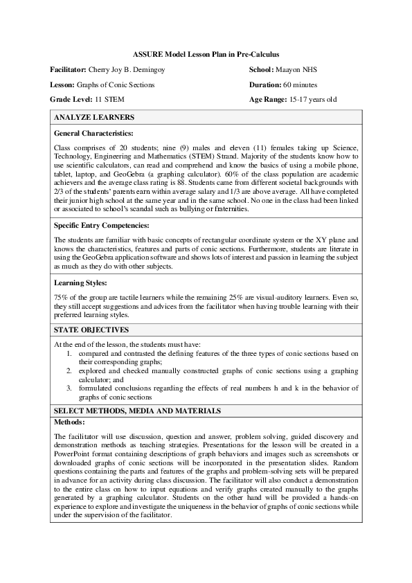 (PDF) ASSURE Model Lesson Plan in Pre-Calculus