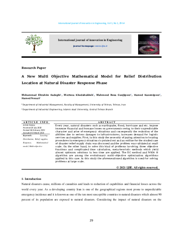 (PDF) A New Multi Objective Mathematical Model for Relief Distribution Location at Natural ...