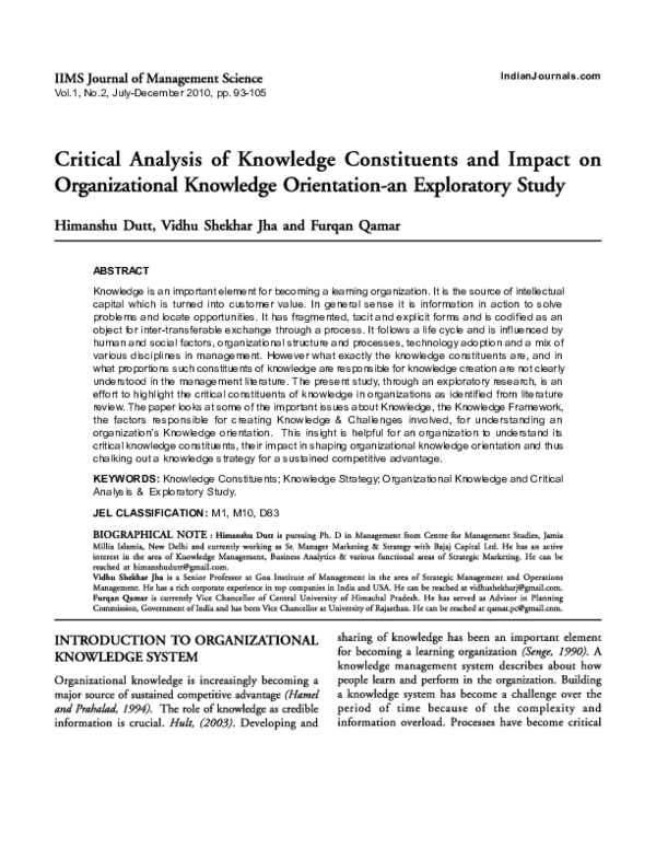 (PDF) Critical Analysis of Knowledge Constituents and Impact on ...