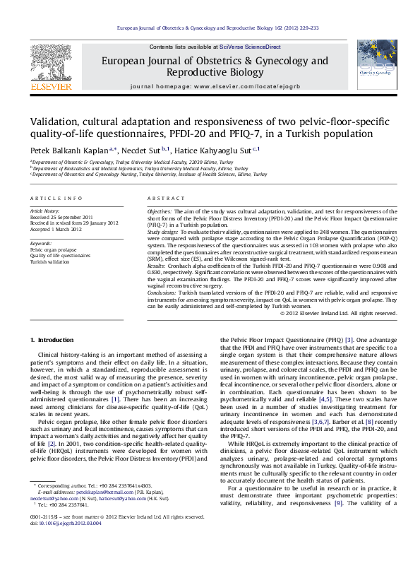 (PDF) Validation, cultural adaptation and responsiveness of two pelvic ...