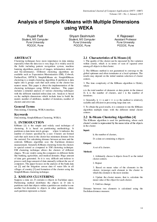 (PDF) Analysis of SimpleKMeans with Multiple Dimensions using WEKA