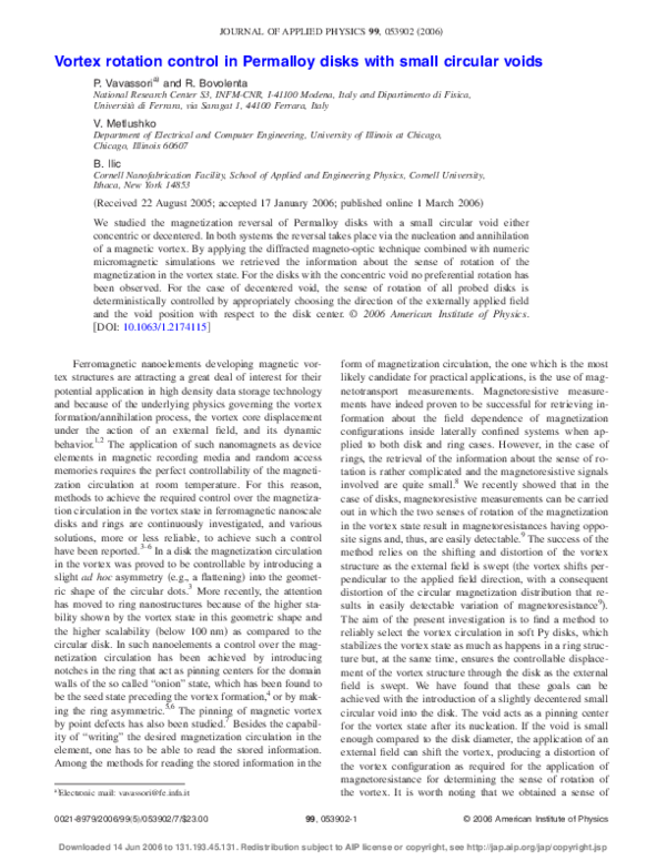 (PDF) Vortex rotation control in Permalloy disks with small circular voids
