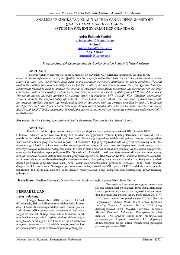 (PDF) Analisis Peningkatan Kualitas Pelayanan Dengan Metode Quality Function Deployment (Studi ...