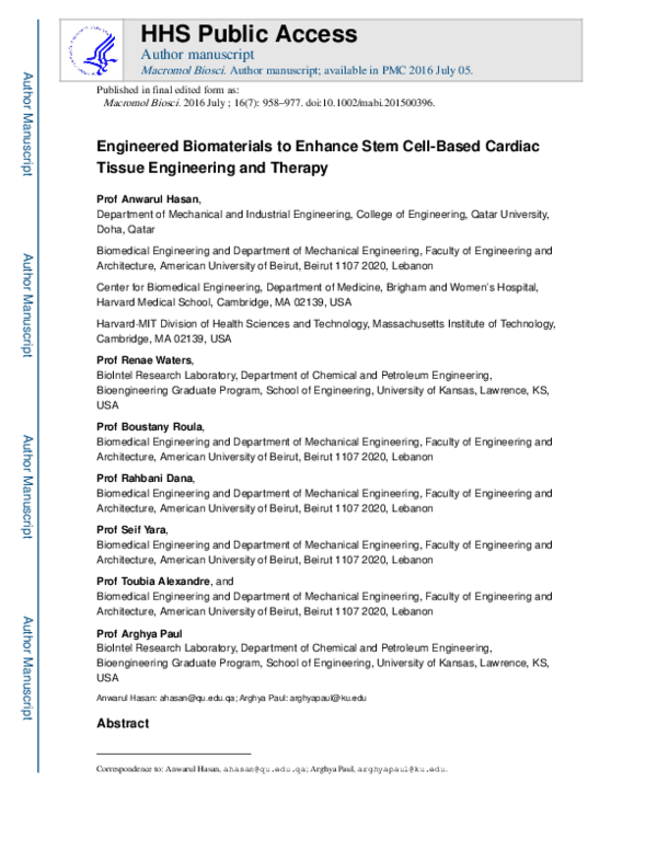 (PDF) Engineered Biomaterials to Enhance Stem Cell-Based Cardiac Tissue Engineering and Therapy