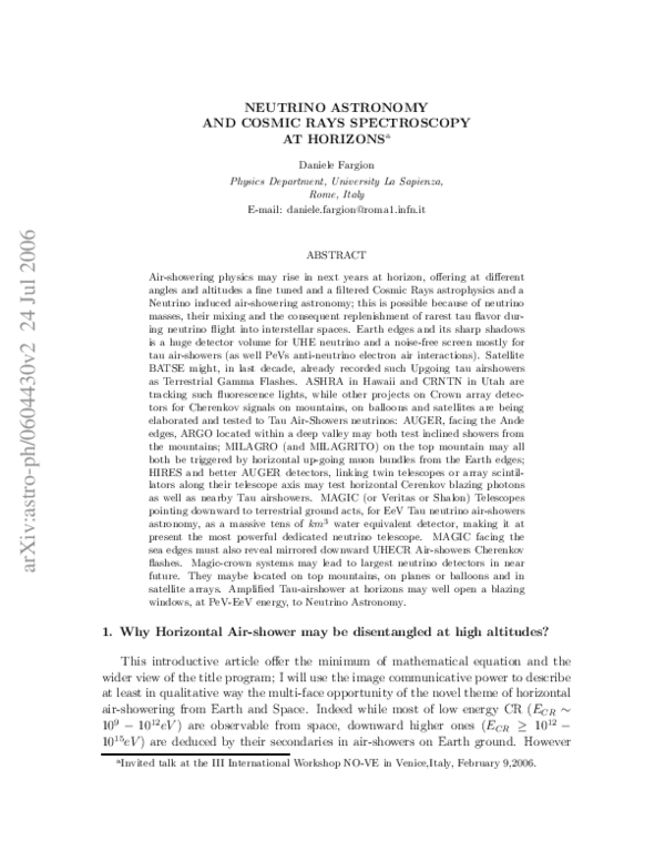 (PDF) Neutrino Astronomy and Cosmic Rays Spectroscopy at Horizons