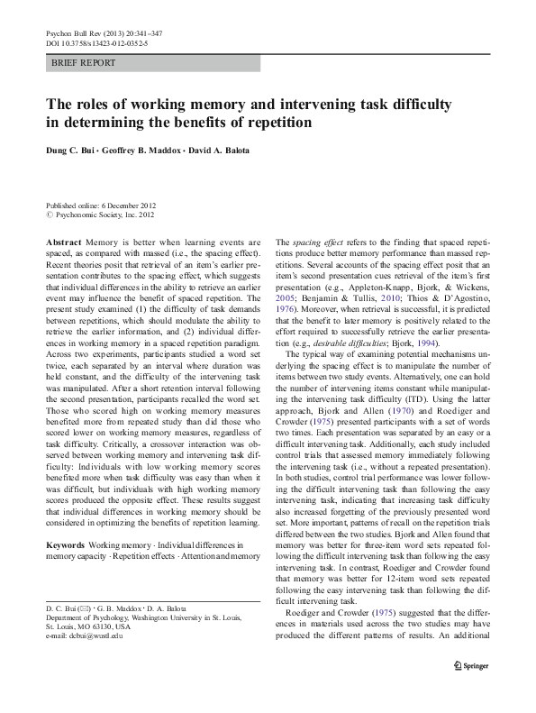 Pdf The Roles Of Working Memory And Intervening Task Difficulty In