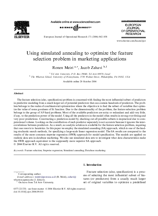 Pdf Using Simulated Annealing To Optimize The Feature Selection Problem In Marketing Applications