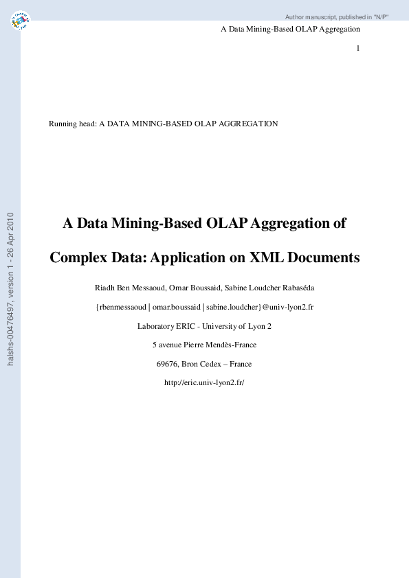 (PDF) A Data Mining-Based OLAP Aggregation of Complex Data: Application on XML Documents