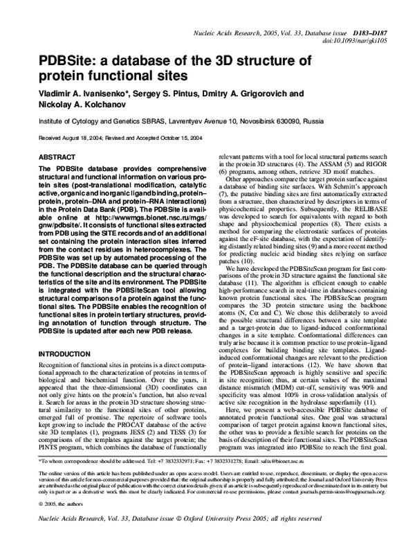 (PDF) PDBSite: a database of the 3D structure of protein functional sites