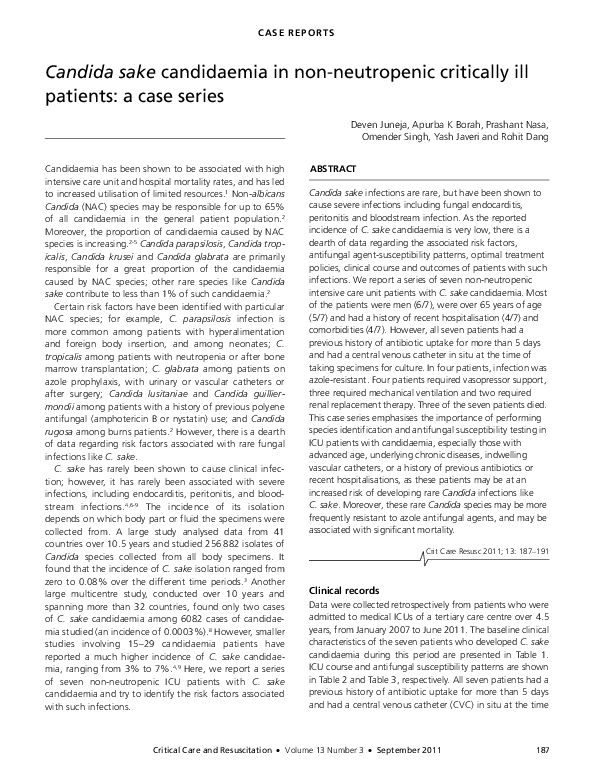 (PDF) Candida sake candidaemia in non-neutropenic critically ill ...