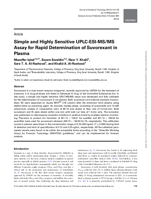 (PDF) Simple and Highly Sensitive UPLC-ESI-MS/MS Assay for Rapid Determination of Suvorexant in ...