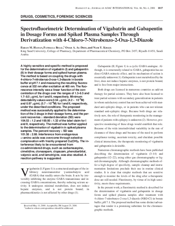(PDF) Spectrofluorimetric determination of vigabatrin and gabapentin in urine and dosage forms ...