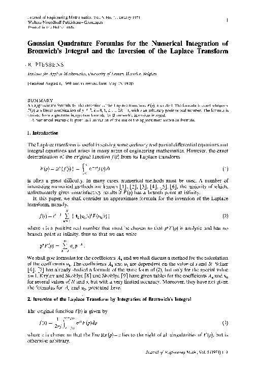 (PDF) Gaussian quadrature formulas for the numerical integration of Bromwich's integral and the ...