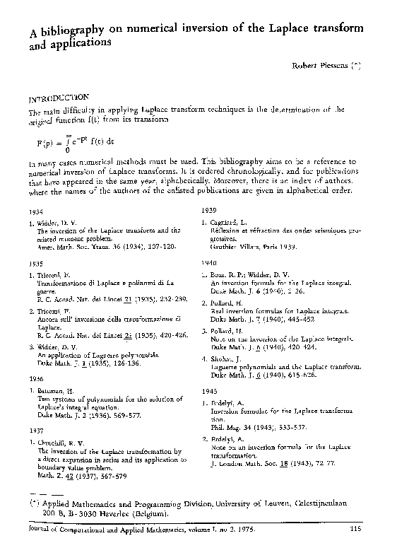 (PDF) A bibliography on numerical inversion of the Laplace transform and applications