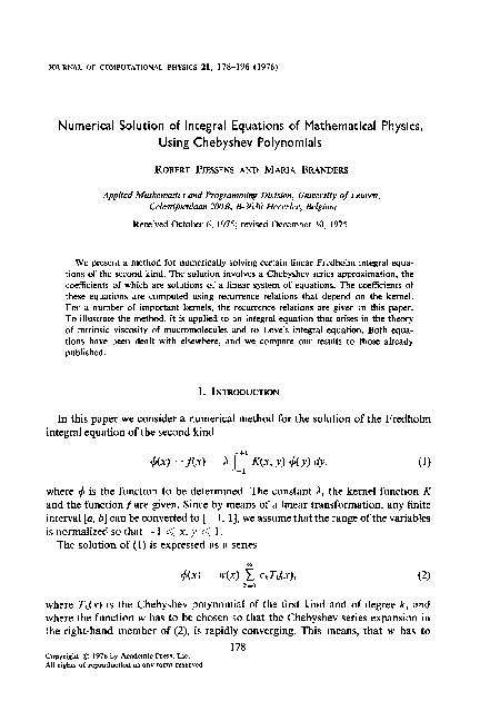 Pdf Numerical Solution Of Integral Equations Of Mathematical Physics Using Chebyshev Polynomials