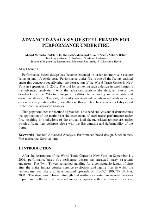 (PDF) ADVANCED ANALYSIS OF STEEL FRAMES FOR PERFORMANCE UNDER FIRE